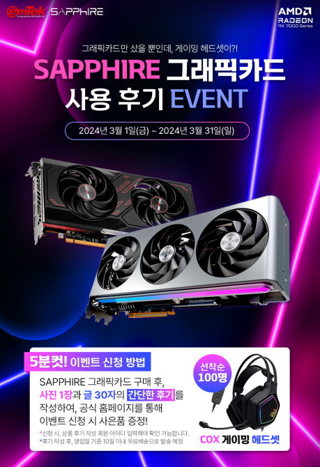 이엠텍, SAPPHIRE 라데온 RX 7000 이상 그래픽카드 및 장착 된 PC 구매 고객 대상, 게이밍 헤드셋 증정 프로모션 연장